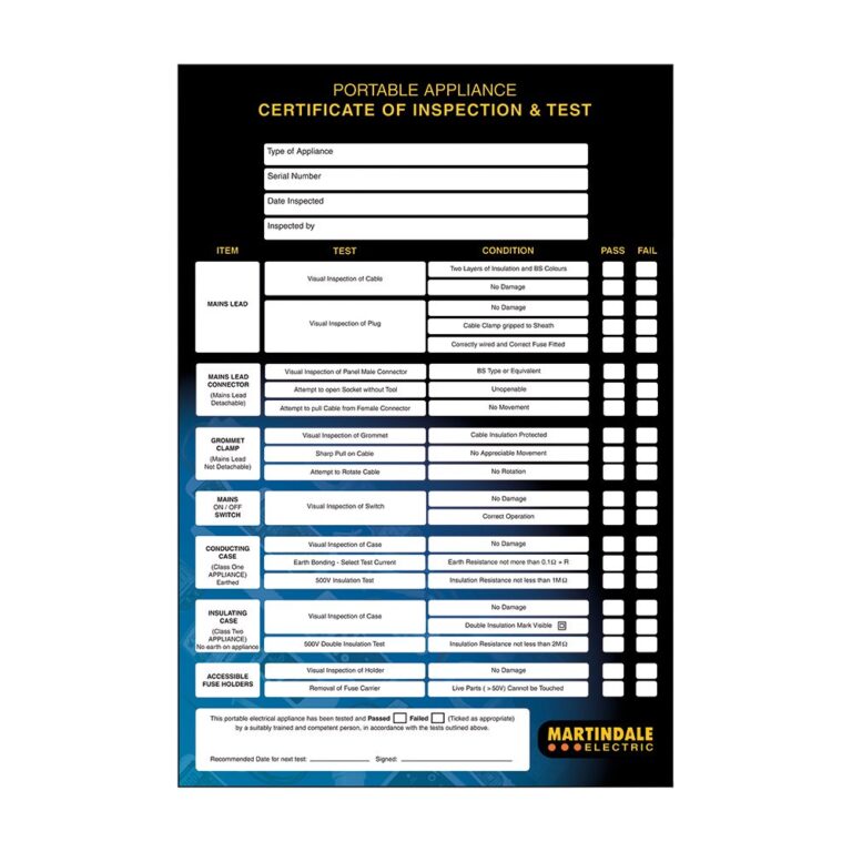 Martindale PAT Test Certificates - Martindale Electric